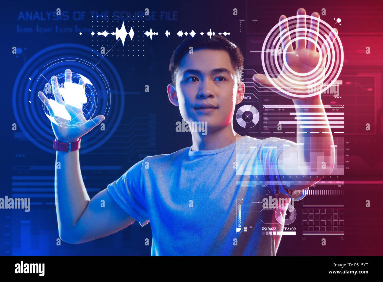 IT manager analyzing new information and touching the transparent ...