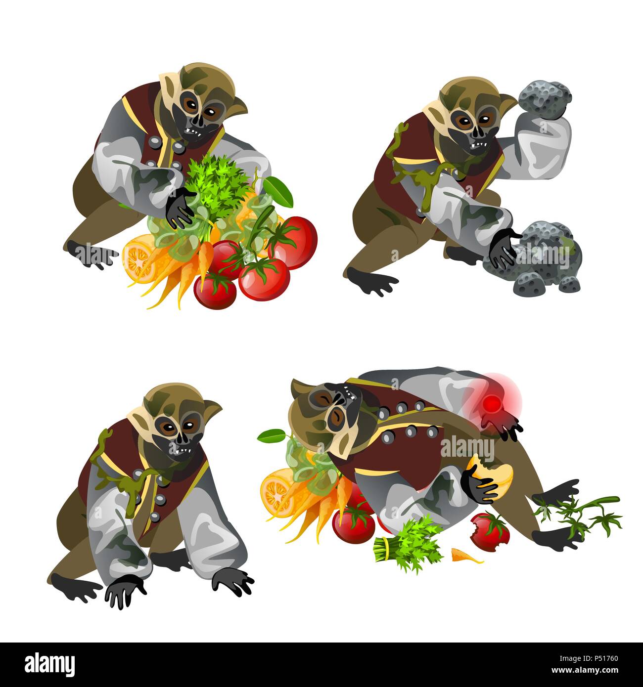 Set fantasy zombie monkey isolated on white background. Vector cartoon ...