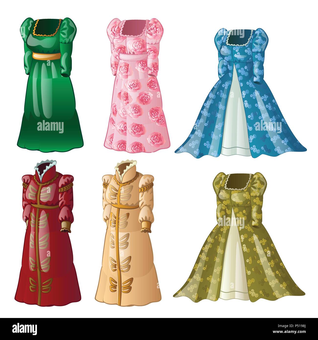 A set of vintage ladies long dresses isolated on white background ...