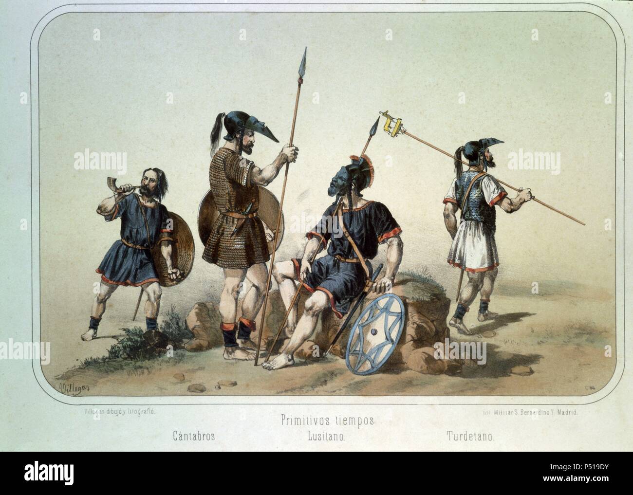 Tiempos primitivos. Guerreros Cántabros, Lusitano y Turdetano. Dibujo ...