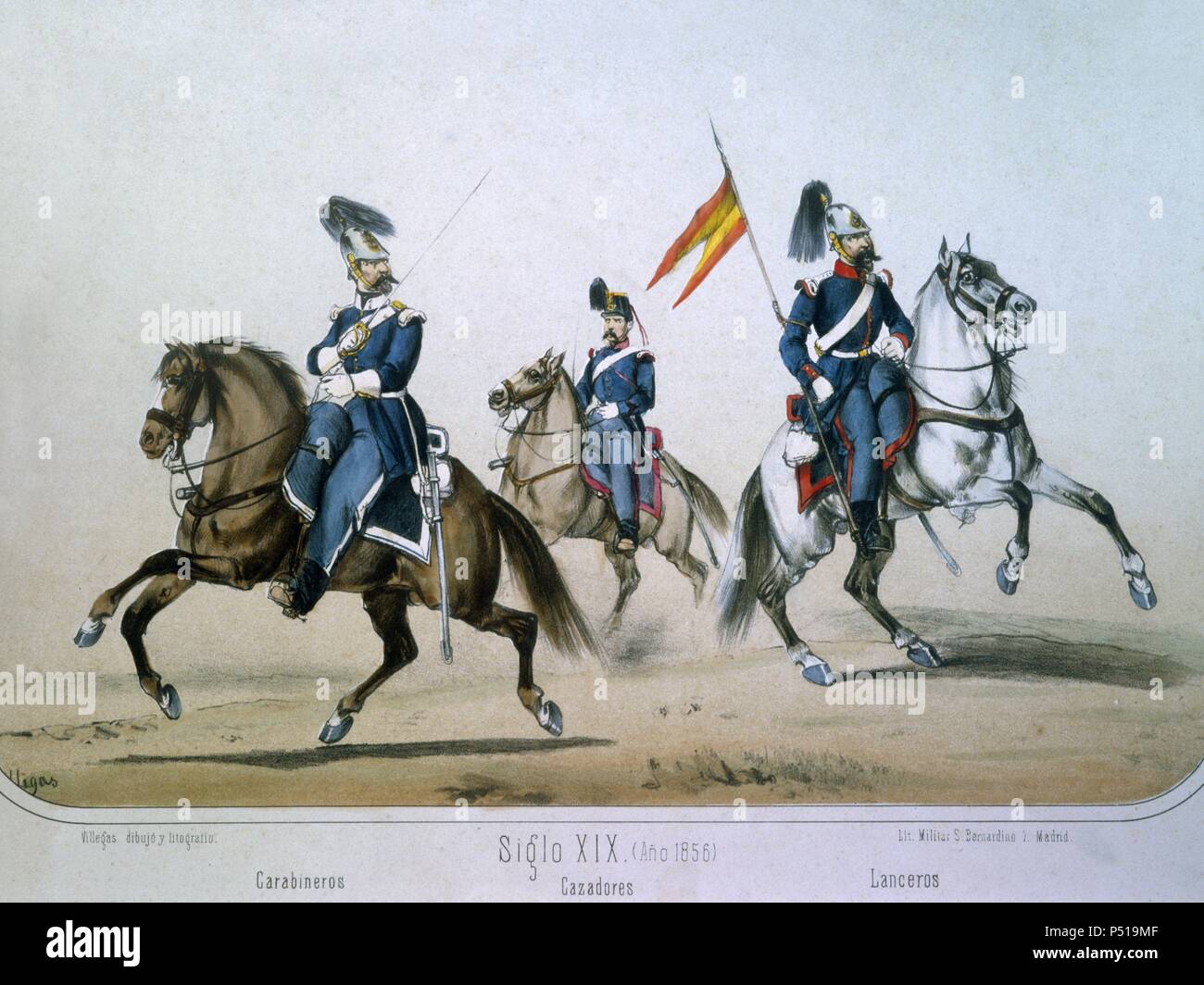 Reinado de Isabel II (1833 a 1868). Carabinero, Cazador y Lancero en el año 1856. Dibujo de ...
