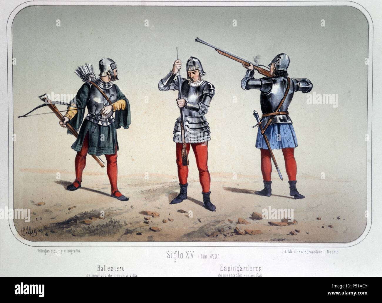 Edad Media. Ballestero y Espingarderos en el año 1493. Dibujo de ...