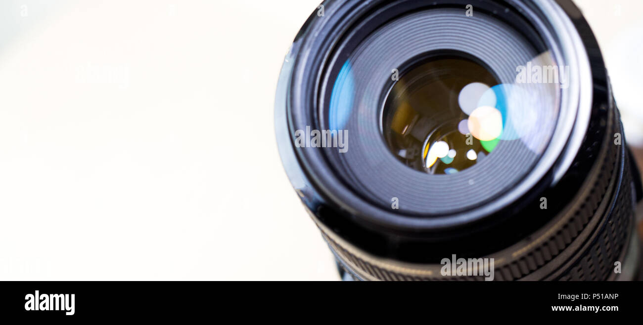 Camera lens with bokeh lights background, banner for website Stock ...