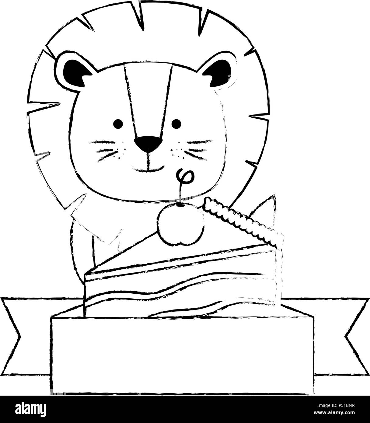 Cartoon illustration lion birthday cake Black and White Stock Photos ...