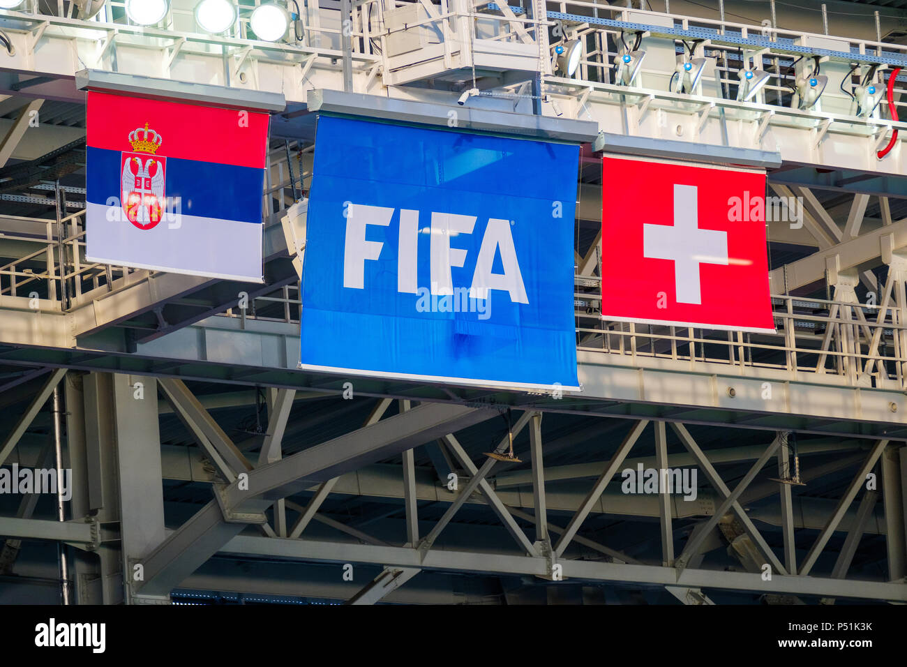 FIFA logo banner at the stadium on the match between Serbia and ...