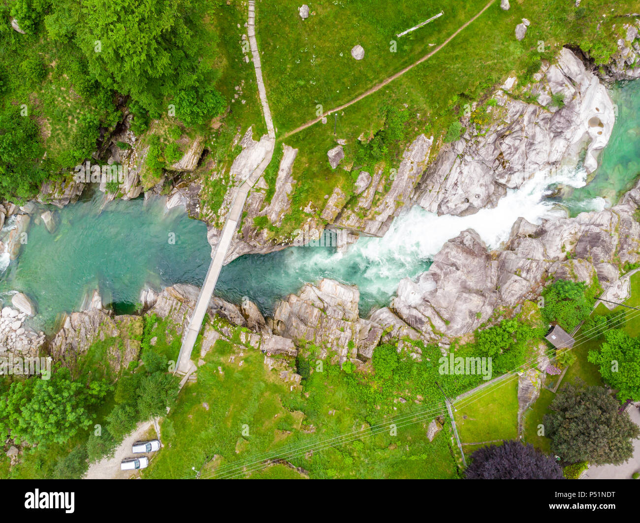 Valle Verzasca - Aerial View of clear and turquoise water stream and ...