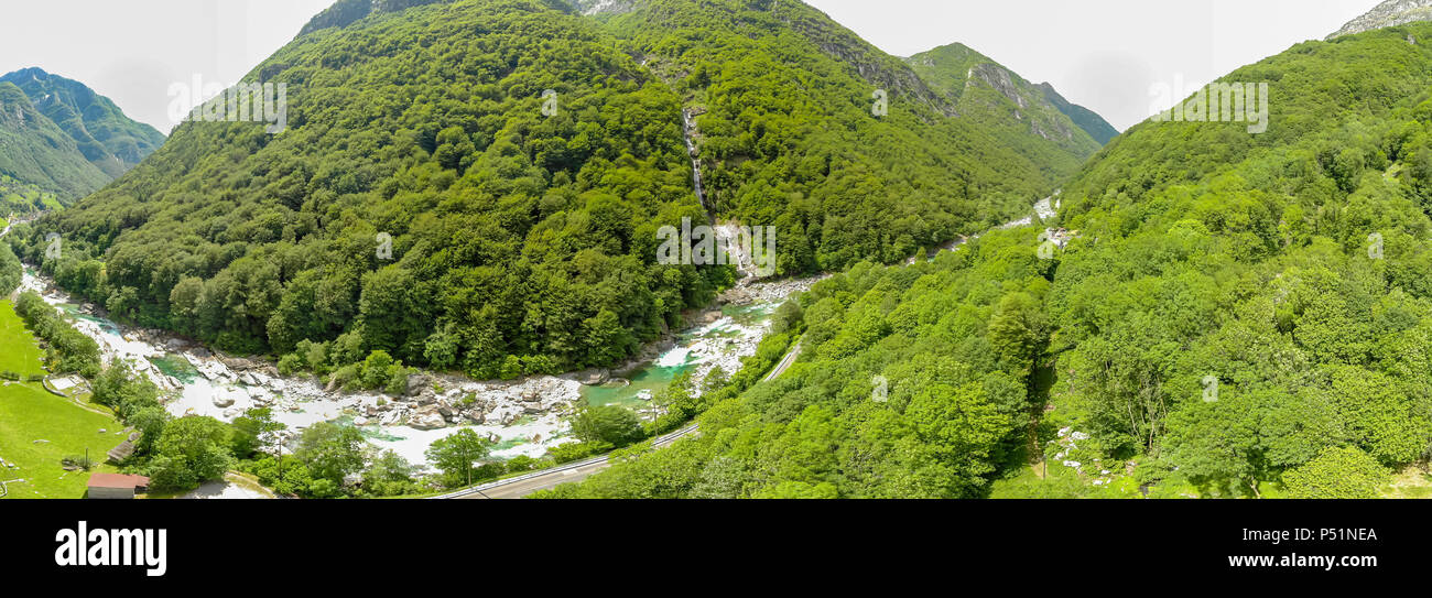 Valle Verzasca - Aerial View of clear and turquoise water stream and ...