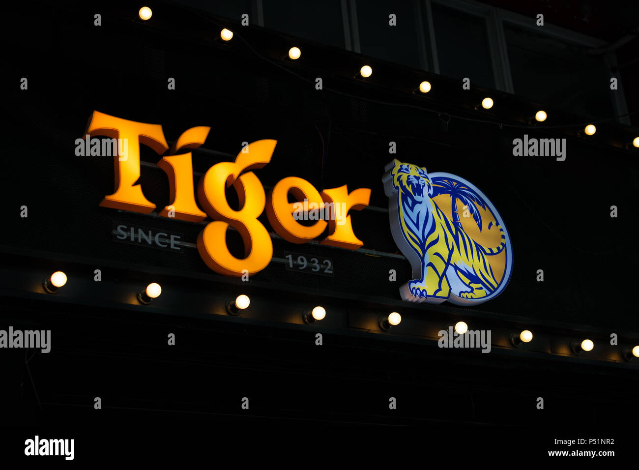 Ho Chi Minh, Vietnam - December 2017: Tiger beer bar sign in Vietnam ...