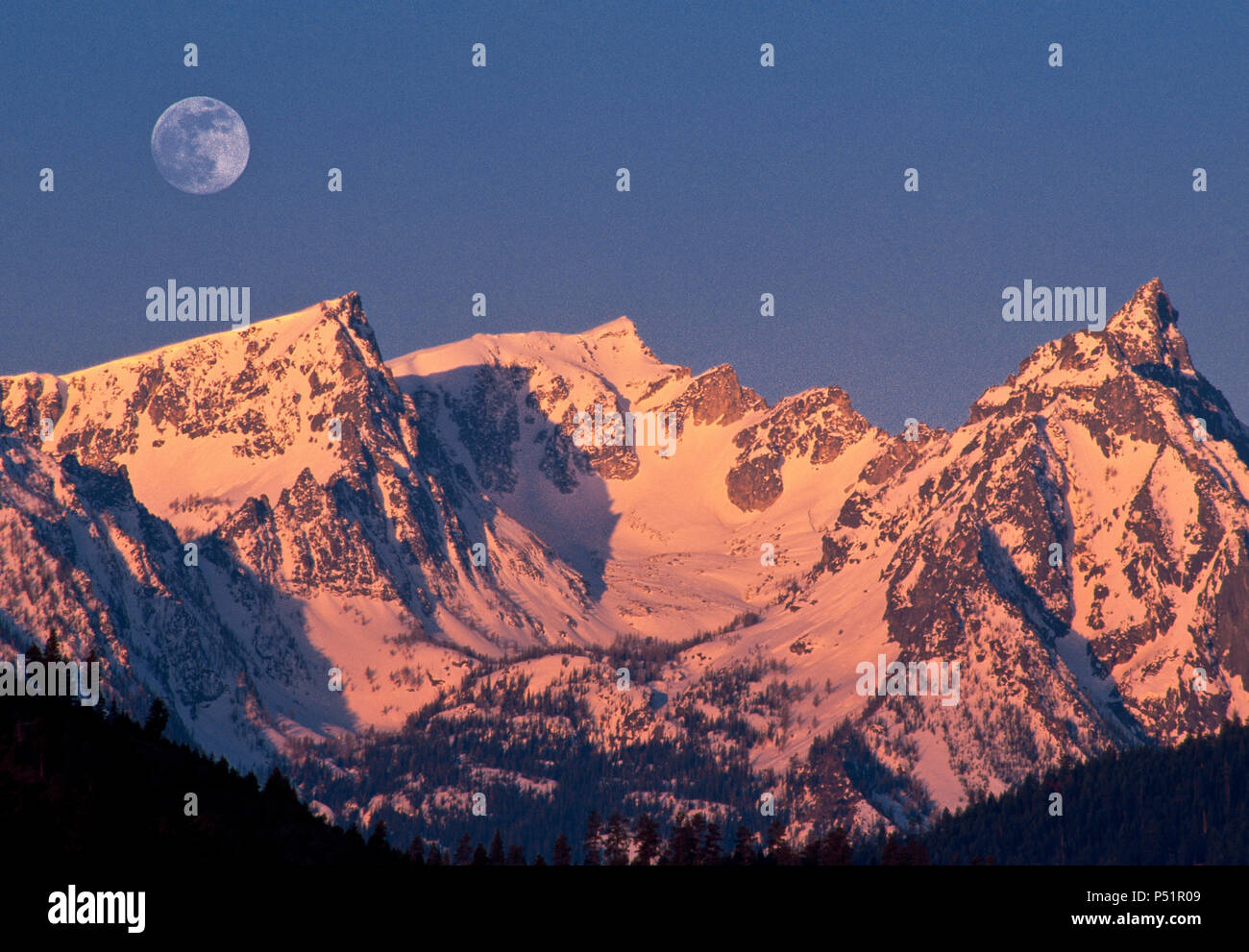 moon over trapper peak in the bitterroot mountains near conner, montana ...