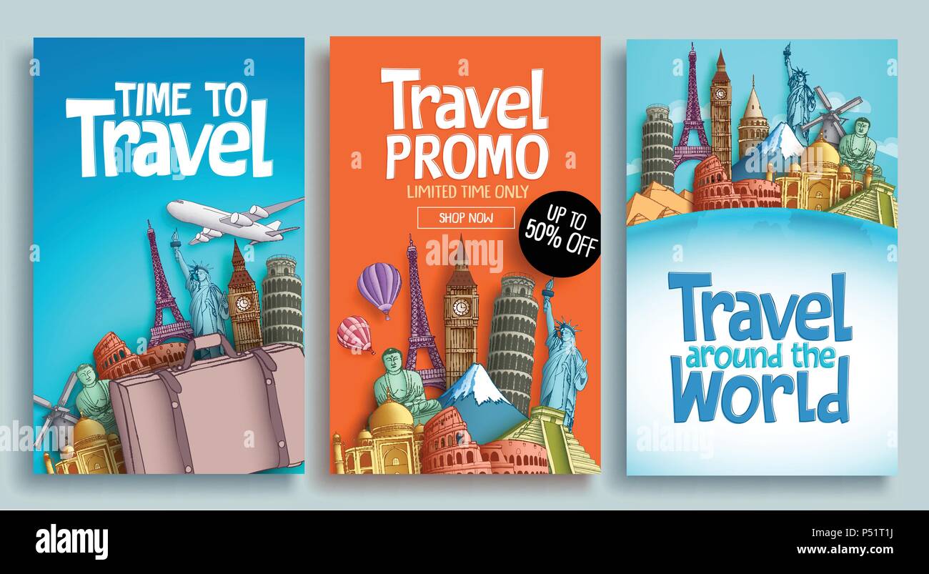 Travel poster set vector template design with promo text and world's ...