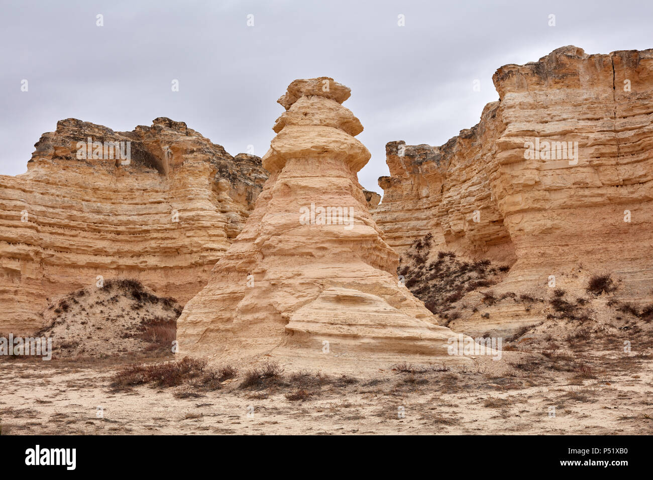 Eroded exposed limestone pillars at Castle Rock Badlands in Kansas ...