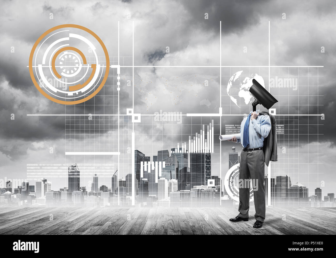 Camera headed man standing on wooden floor against modern citysc Stock ...