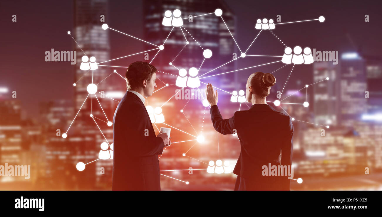 Concept of social connection and networking against night city view and ...