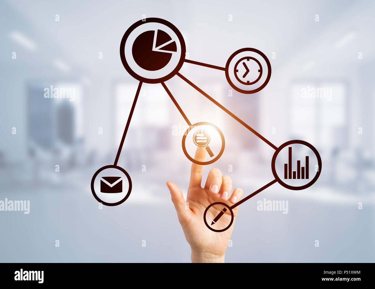 Modern office interior and close of businesswoman hand choosing symbol ...