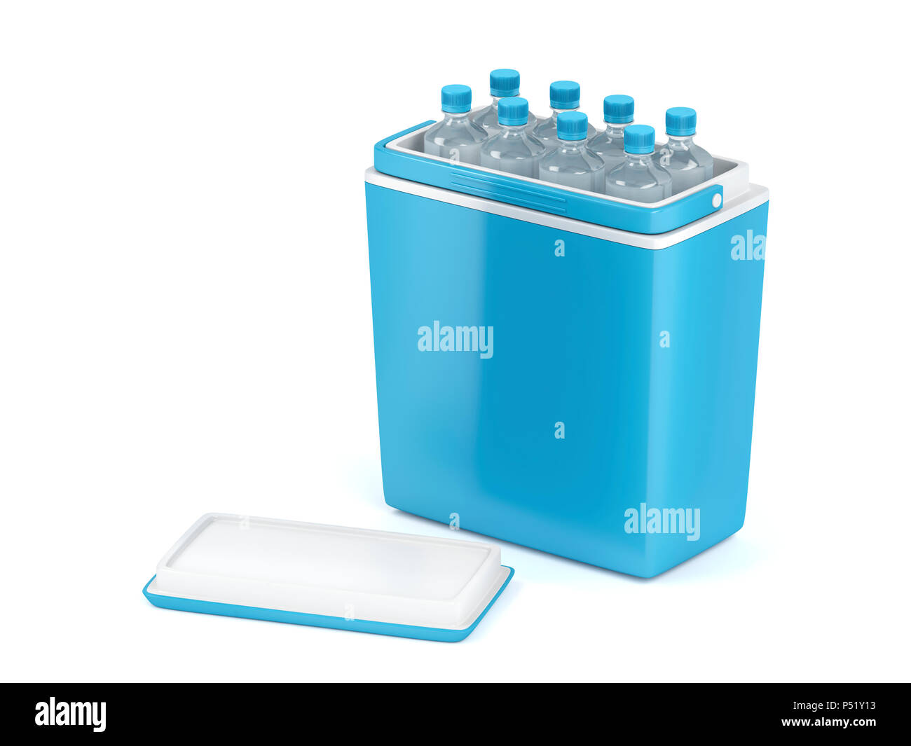 Blue cooling box with bottles on white background Stock Photo - Alamy