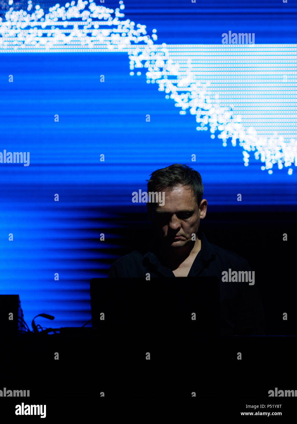 Alva Noto show during Sónar by Day, SonarHall stage, with colorful ...
