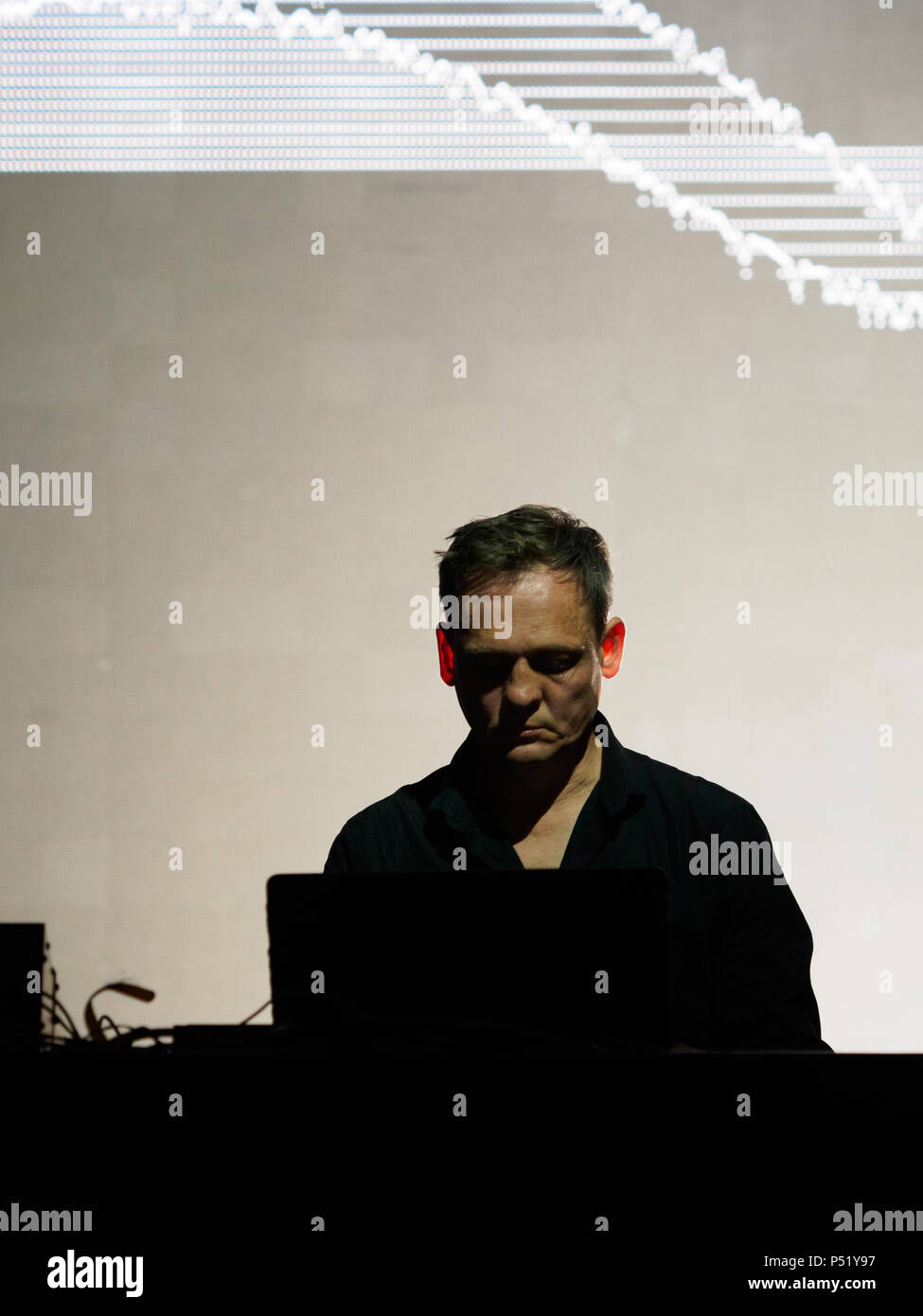 Alva Noto show during Sónar by Day, SonarHall stage, with colorful ...