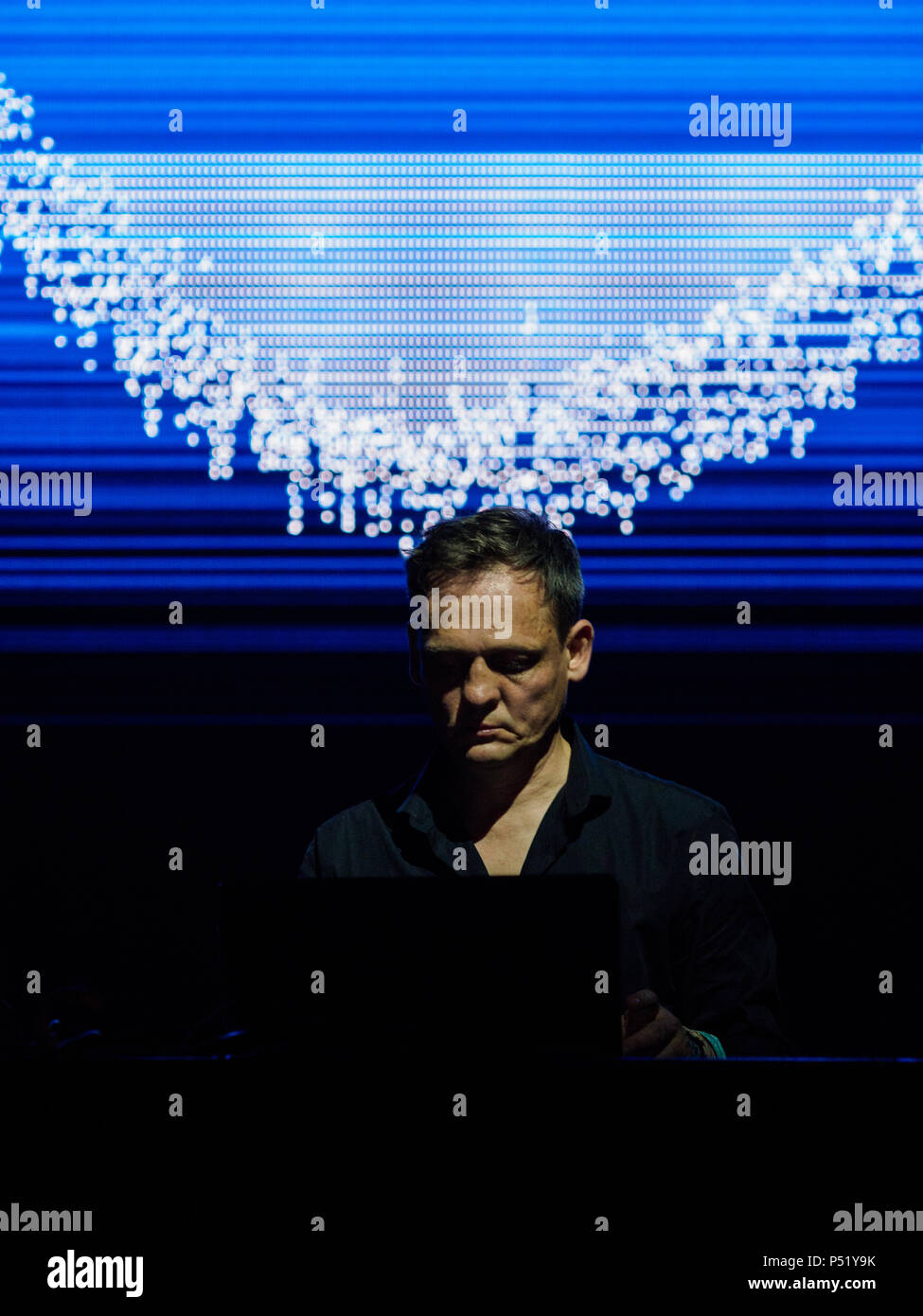 Alva Noto show during Sónar by Day, SonarHall stage, with colorful ...