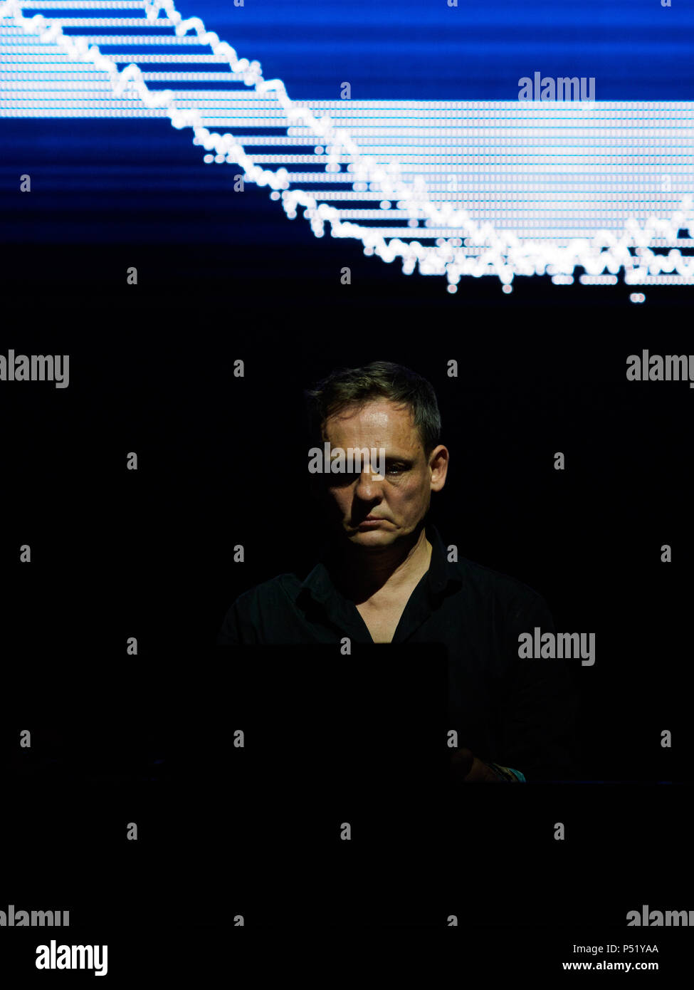 Alva Noto show during Sónar by Day, SonarHall stage, with colorful ...