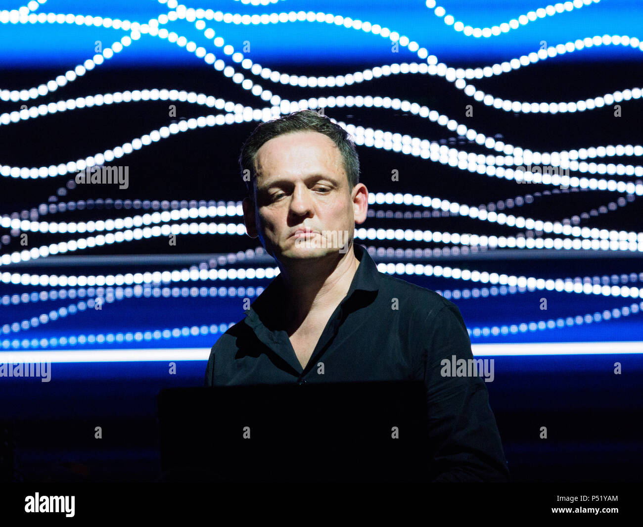 Alva Noto show during Sónar by Day, SonarHall stage, with colorful ...
