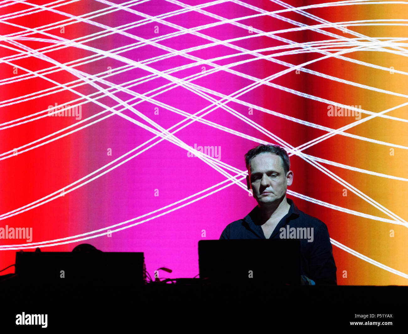Alva Noto show during Sónar by Day, SonarHall stage, with colorful ...