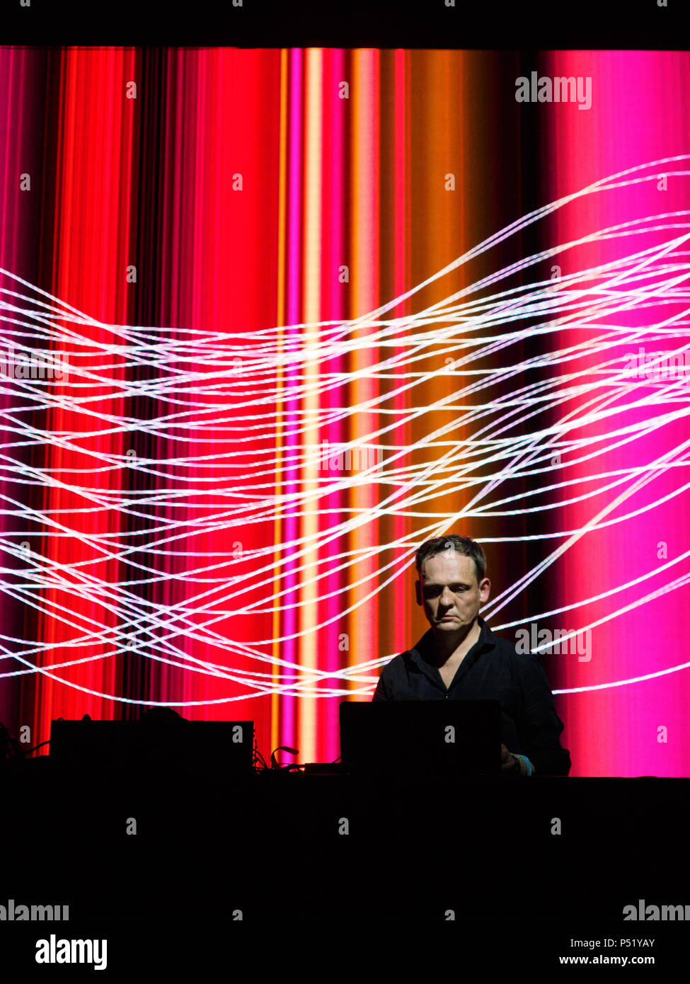 Alva Noto show during Sónar by Day, SonarHall stage, with colorful ...