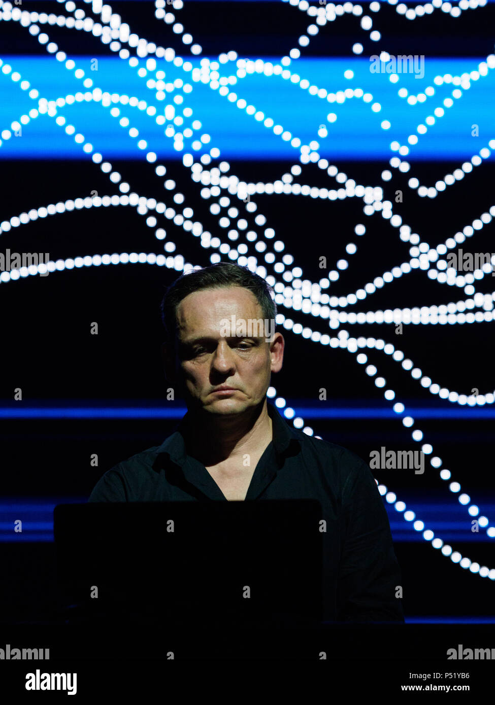 Alva Noto show during Sónar by Day, SonarHall stage, with colorful ...