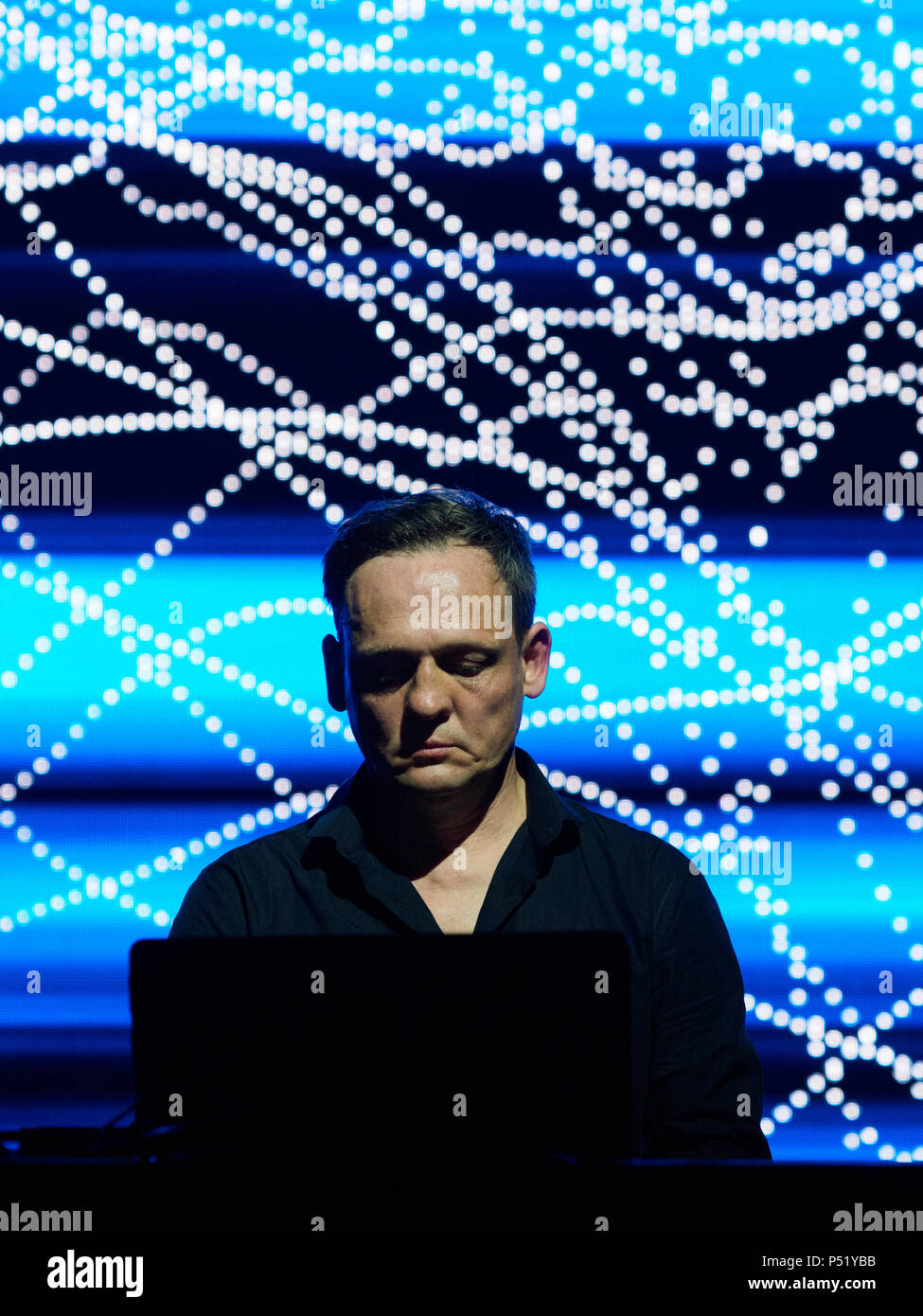 Alva Noto show during Sónar by Day, SonarHall stage, with colorful ...