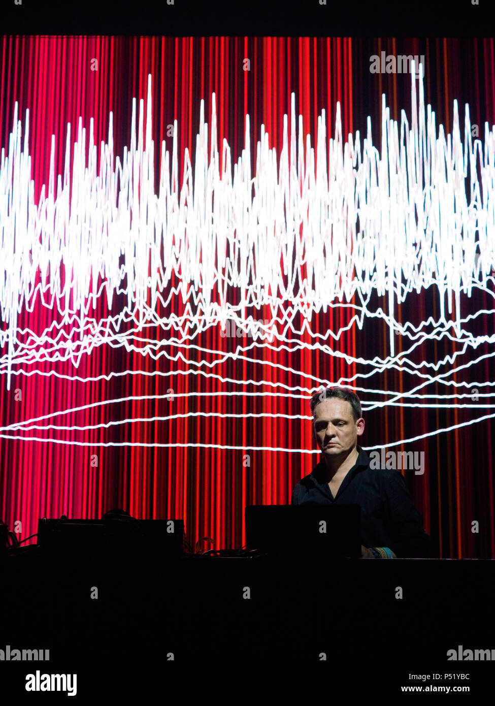 Alva Noto show during Sónar by Day, SonarHall stage, with colorful ...
