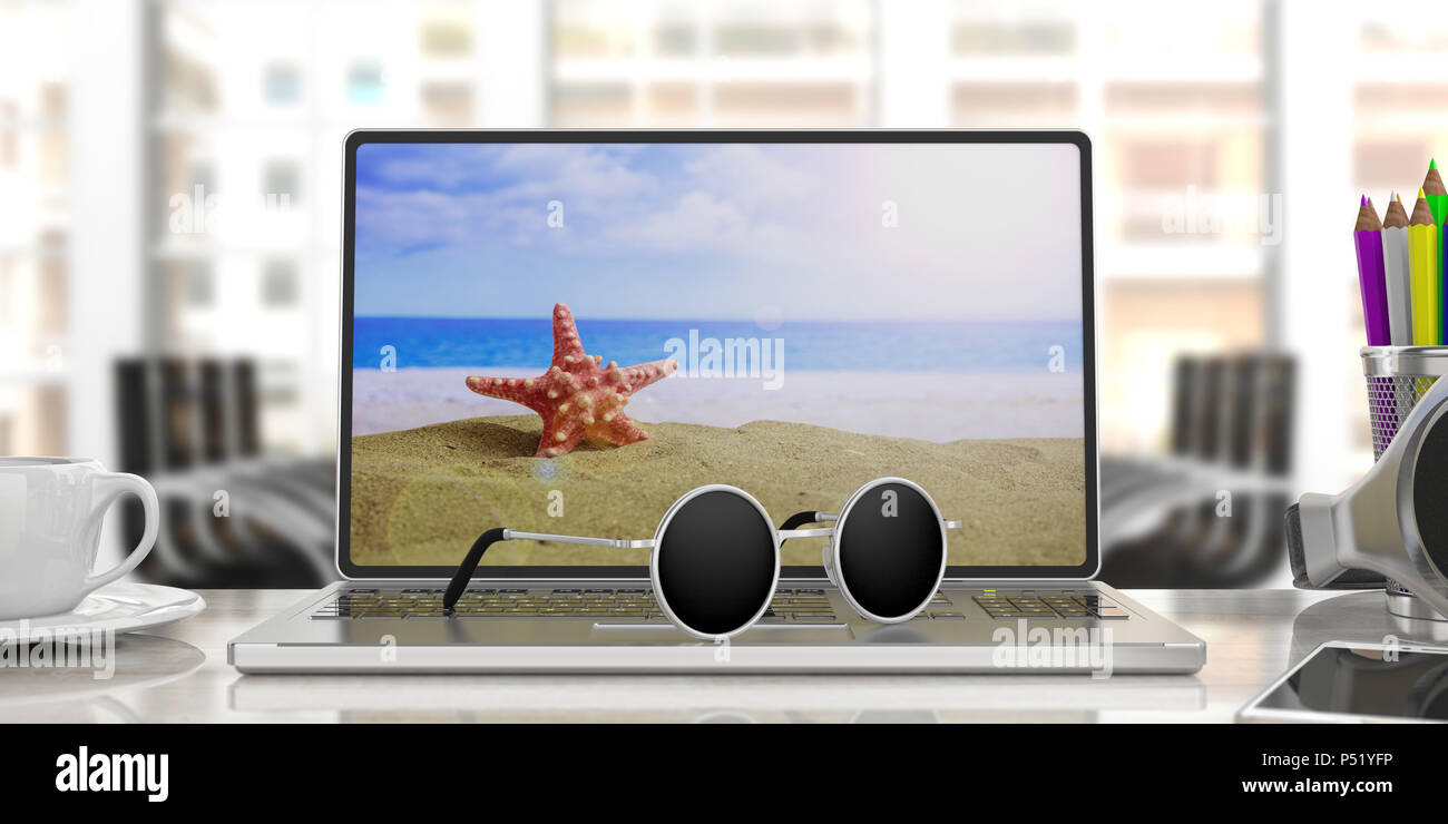 Dreaming summer vacation at work. Sunglasses on computer laptop, sandy ...