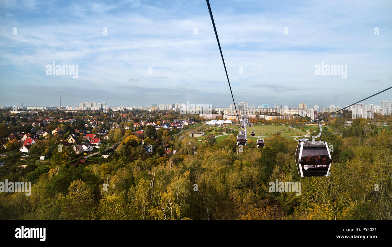 Berlin, Germany - Cable car with a view of Hochhaeuser von Marzahn on ...