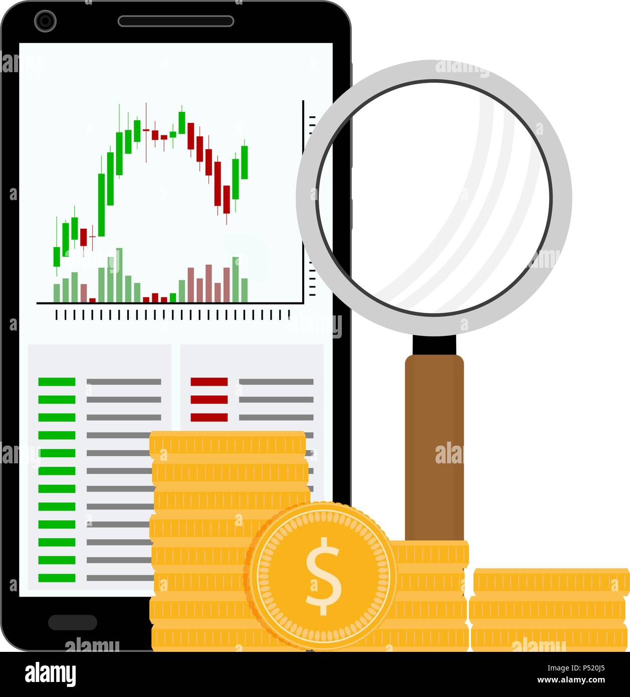 Exchange chart analysis. Golden coins, magnifying glass and smartphone ...