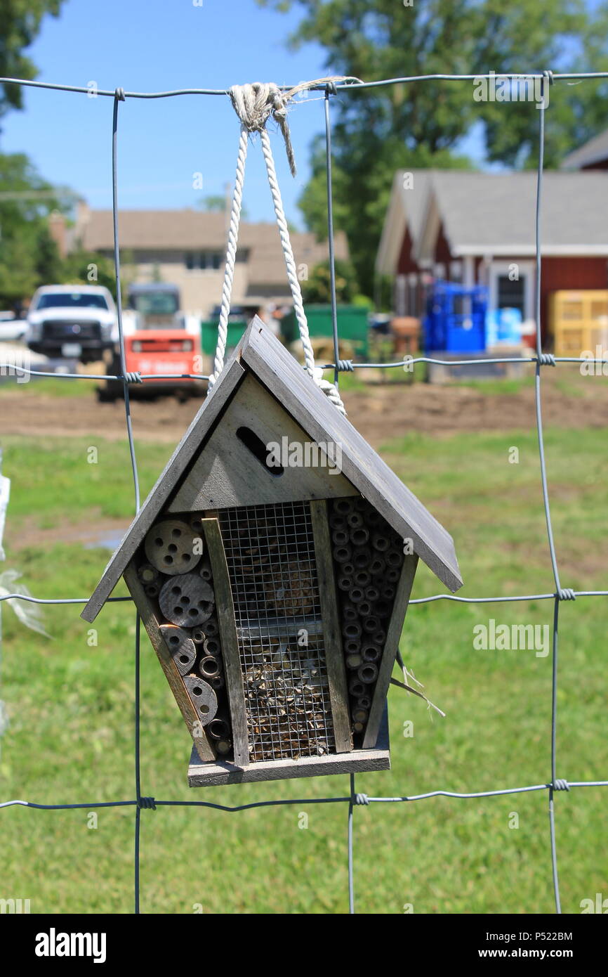Bee nesting house in the Community garden Stock Photo - Alamy
