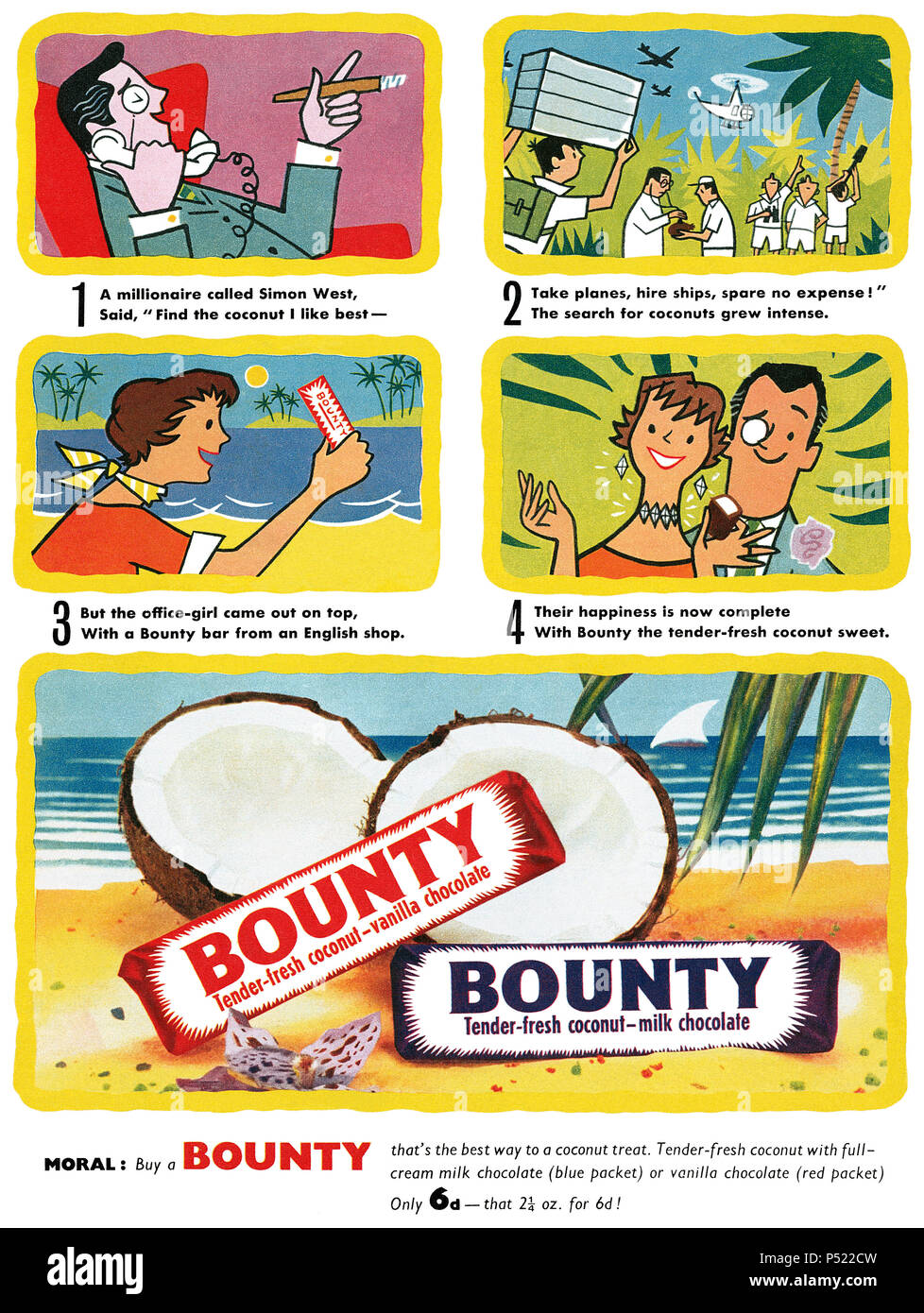 1956 British advertisement for Bounty coconut chocolate bar Stock Photo ...