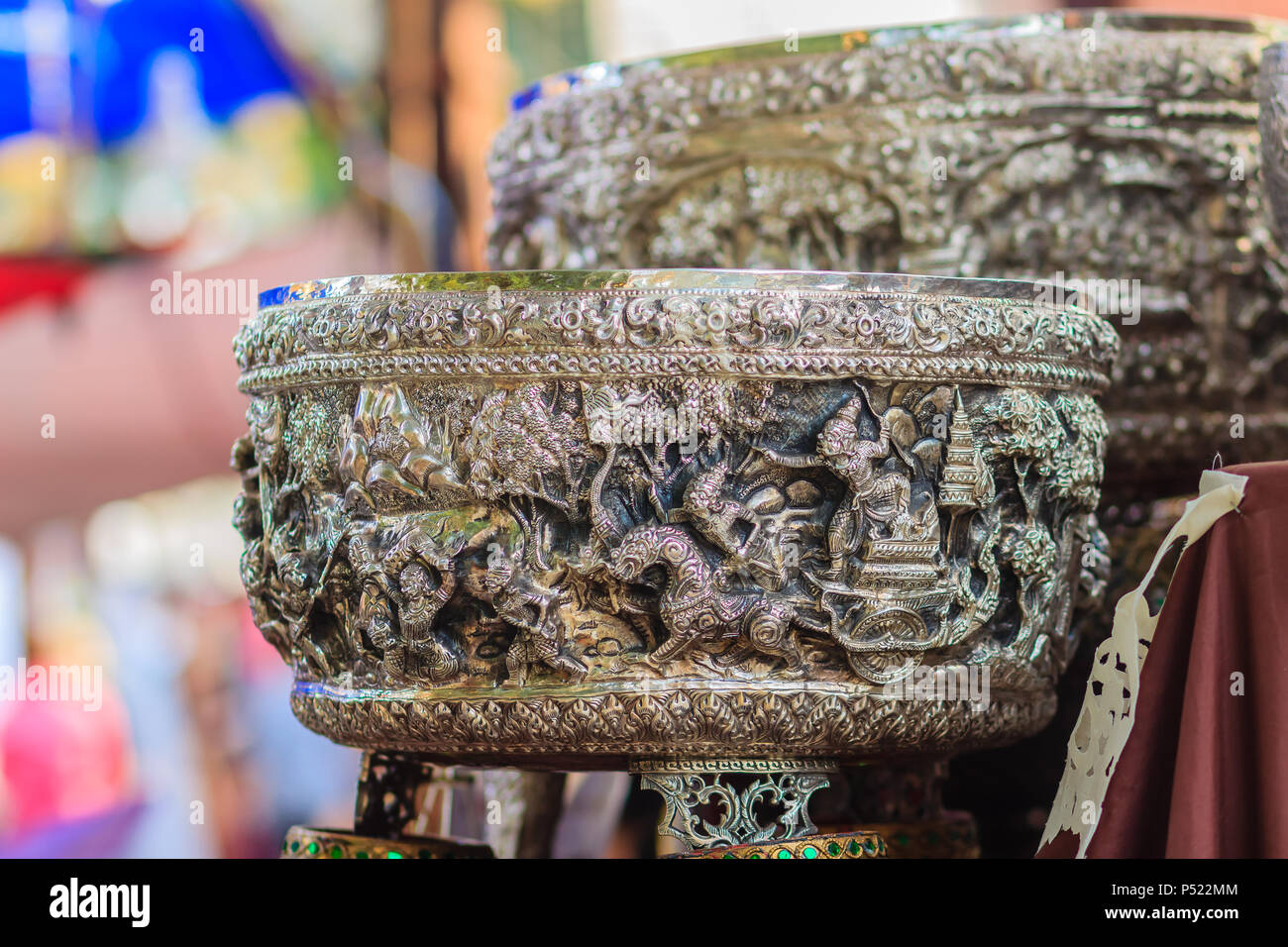 Beautiful Ancient Thai genuine silver bowl, retro engraved silverware ...