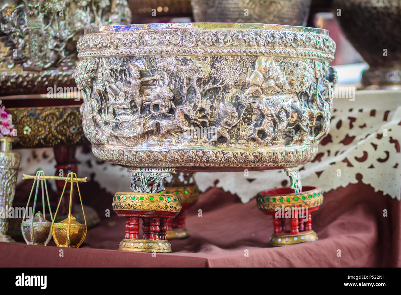 Beautiful Ancient Thai genuine silver bowl, retro engraved silverware ...