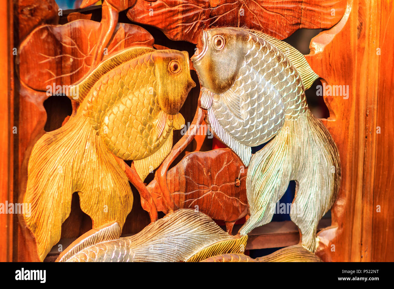 Beautiful Wood carving of gold silver fishes. Antique Art Handmade ...