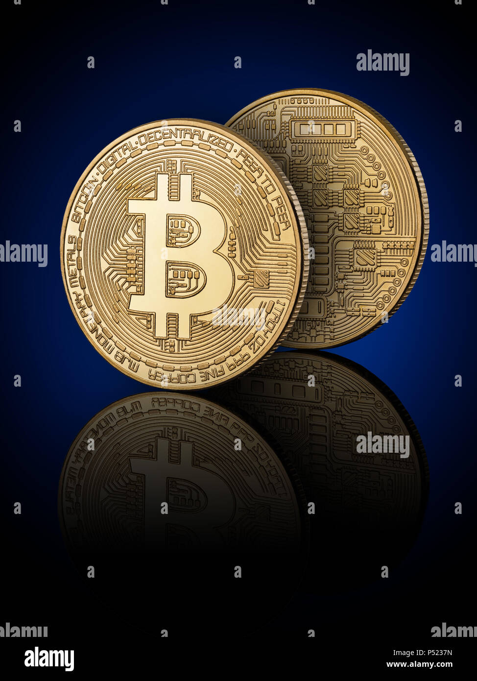 Bitcoin on black background with reflection. Obverse and reverse Stock ...