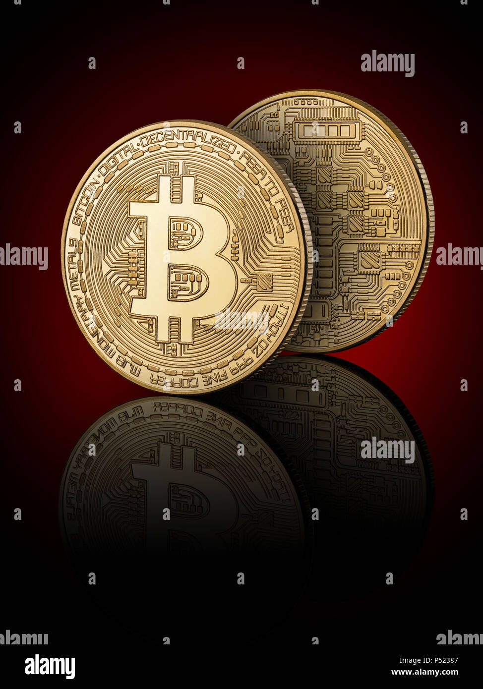 Bitcoin on black background with reflection. Obverse and reverse Stock ...