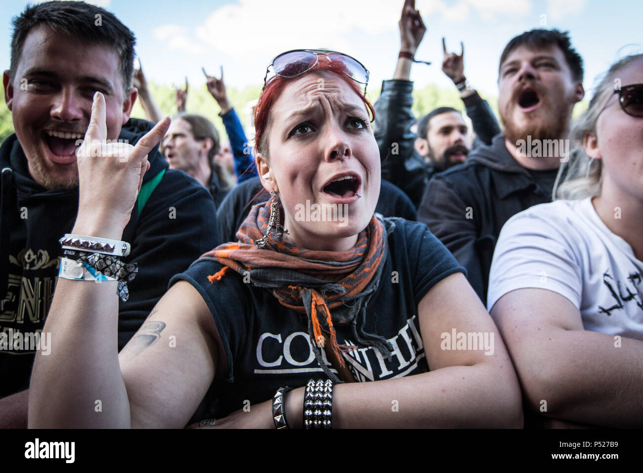Denmark, Copenhagen - June 23, 2018. Heavy metal fans attend a live ...