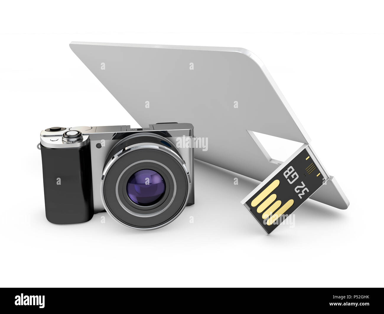 Blank white plastic wafer usb card mockup with camera, 3d Illustration ...