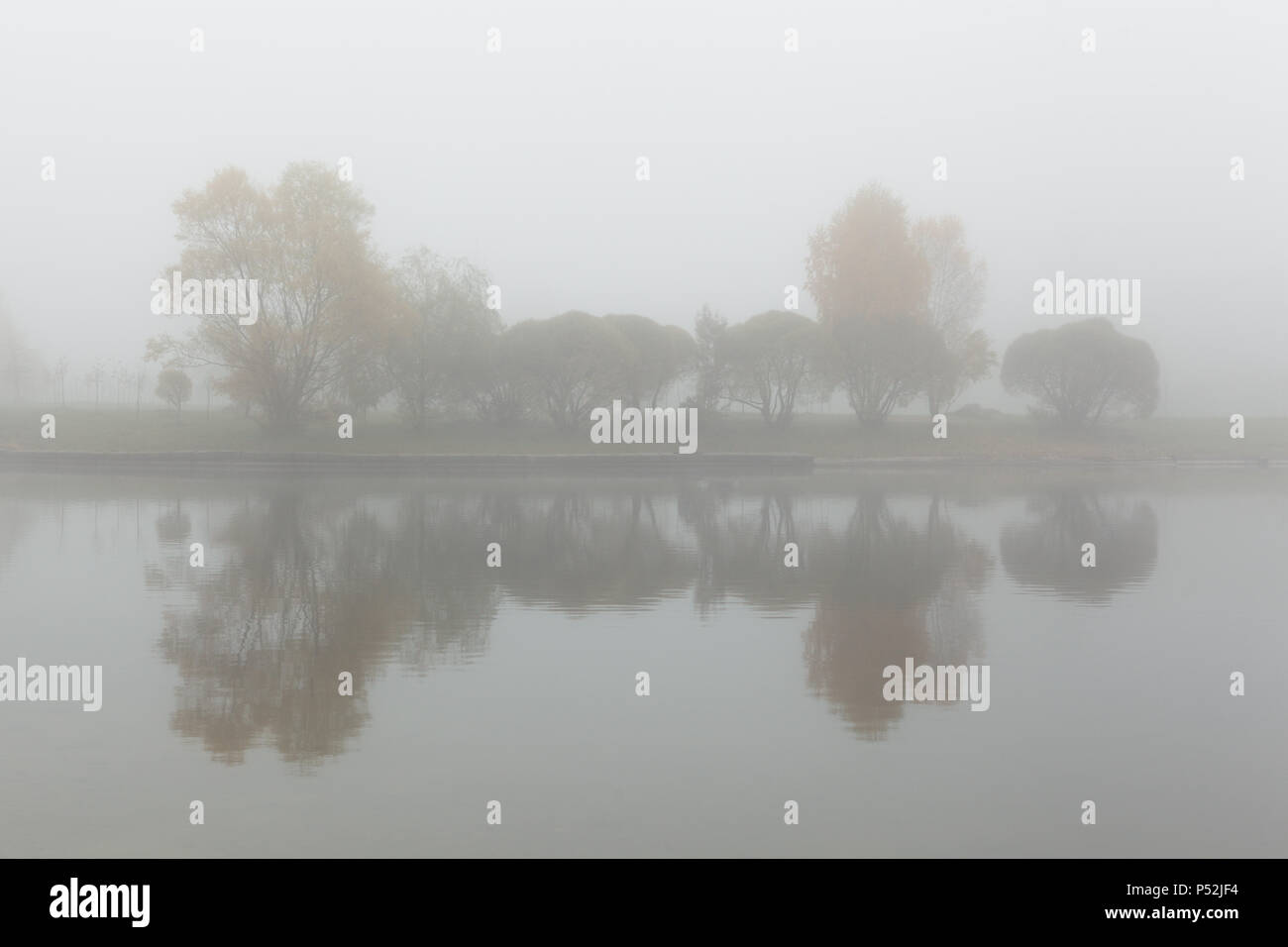 Misty autumn landscape with trees and lake Stock Photo - Alamy