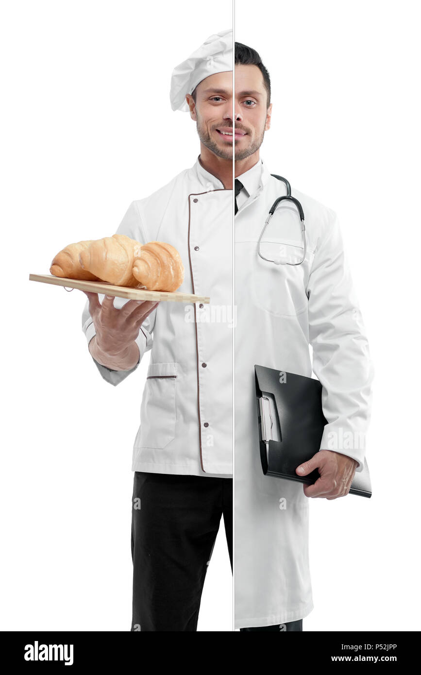 Comparison of doctor and chef's outlook. Chef wearing white chef's ...