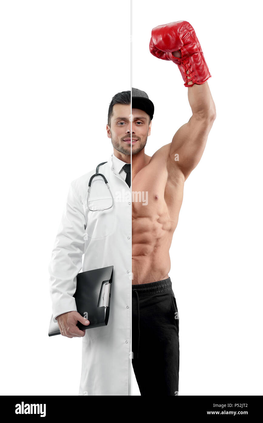 Comparison of doctor and boxer's outlook. Boxer wearing red boxer ...
