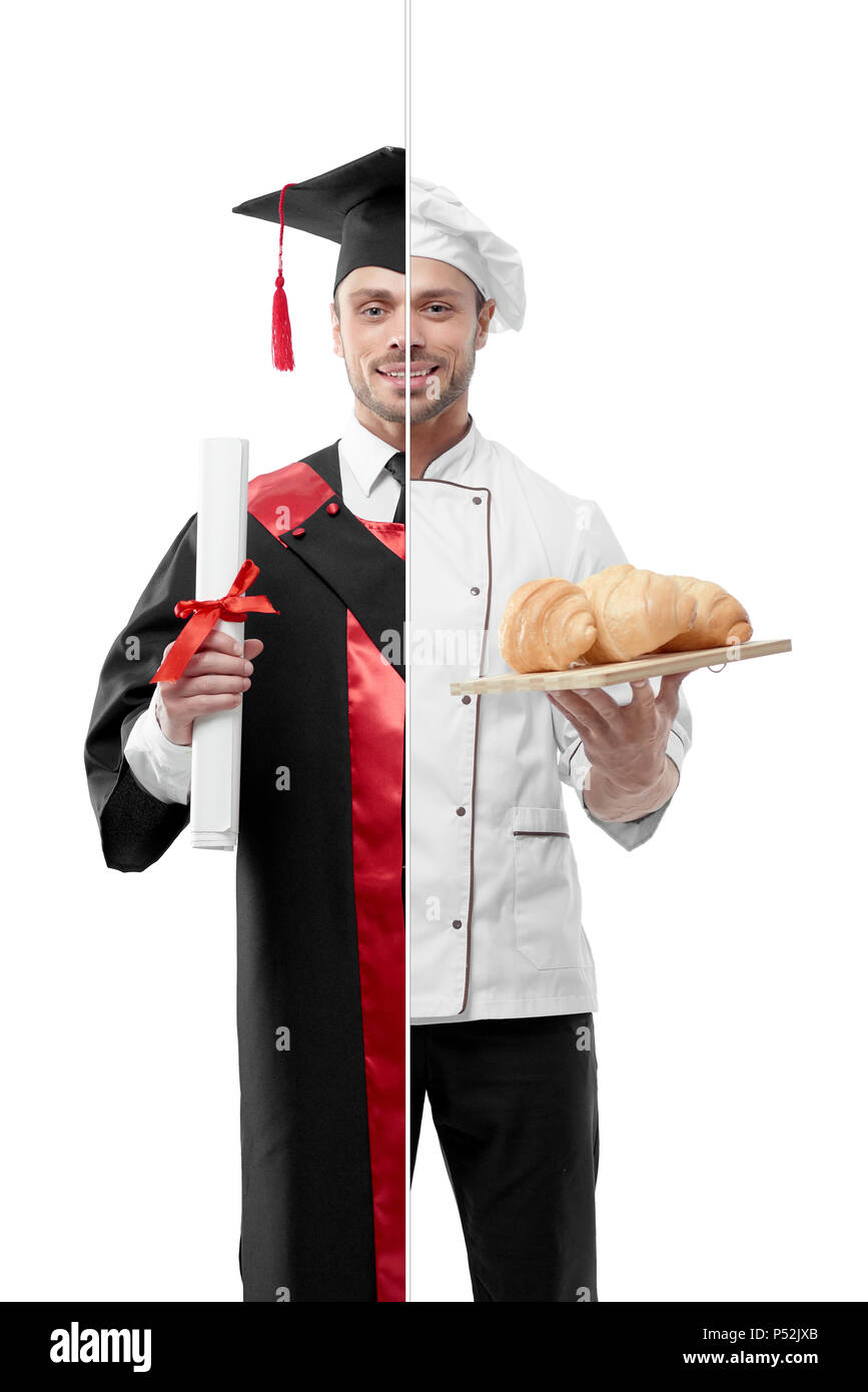 Comparison of university's graduate chef's outlook. Student wearing ...