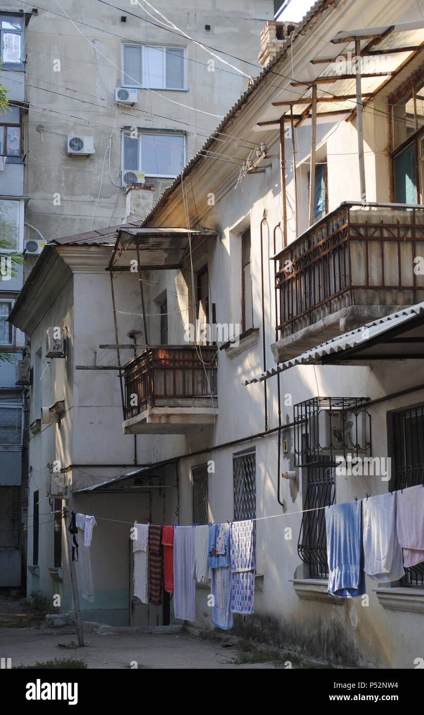Ukraine. Autonomous Republic of Crimea. Feodosiya. Clothes line in a ...