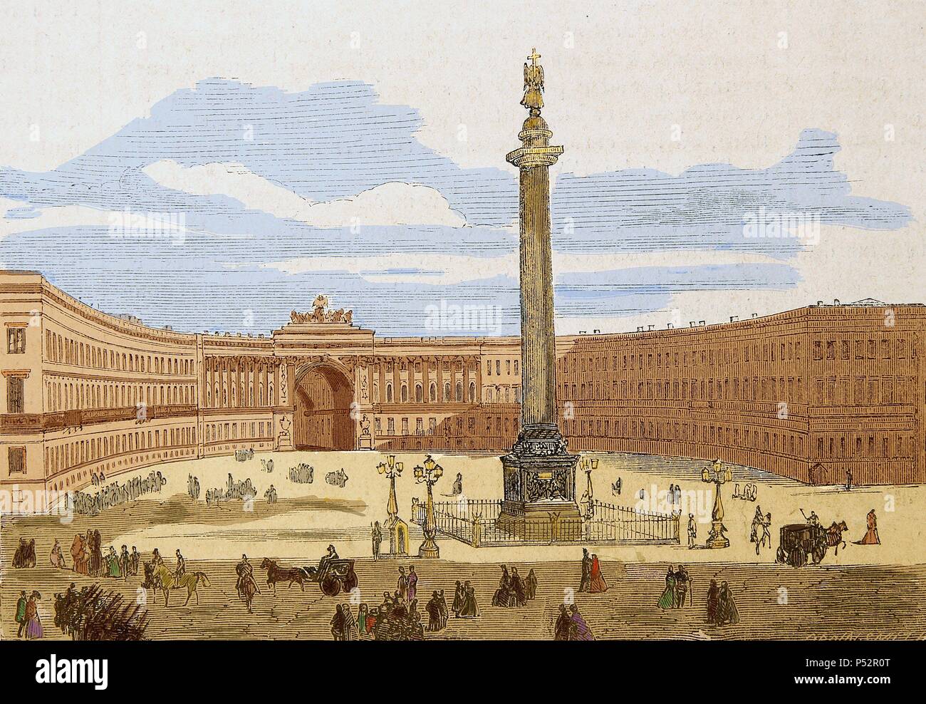 Alexander Column in Sant Petersburg. Colored engraving. 19th century ...