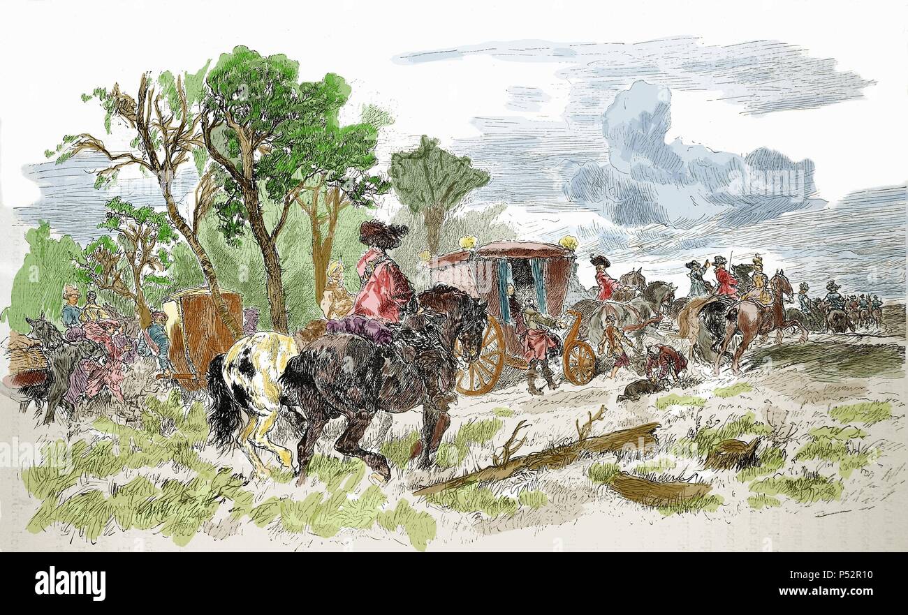 Travel. Ground transportation. 17th Century. Colored engraving Stock ...