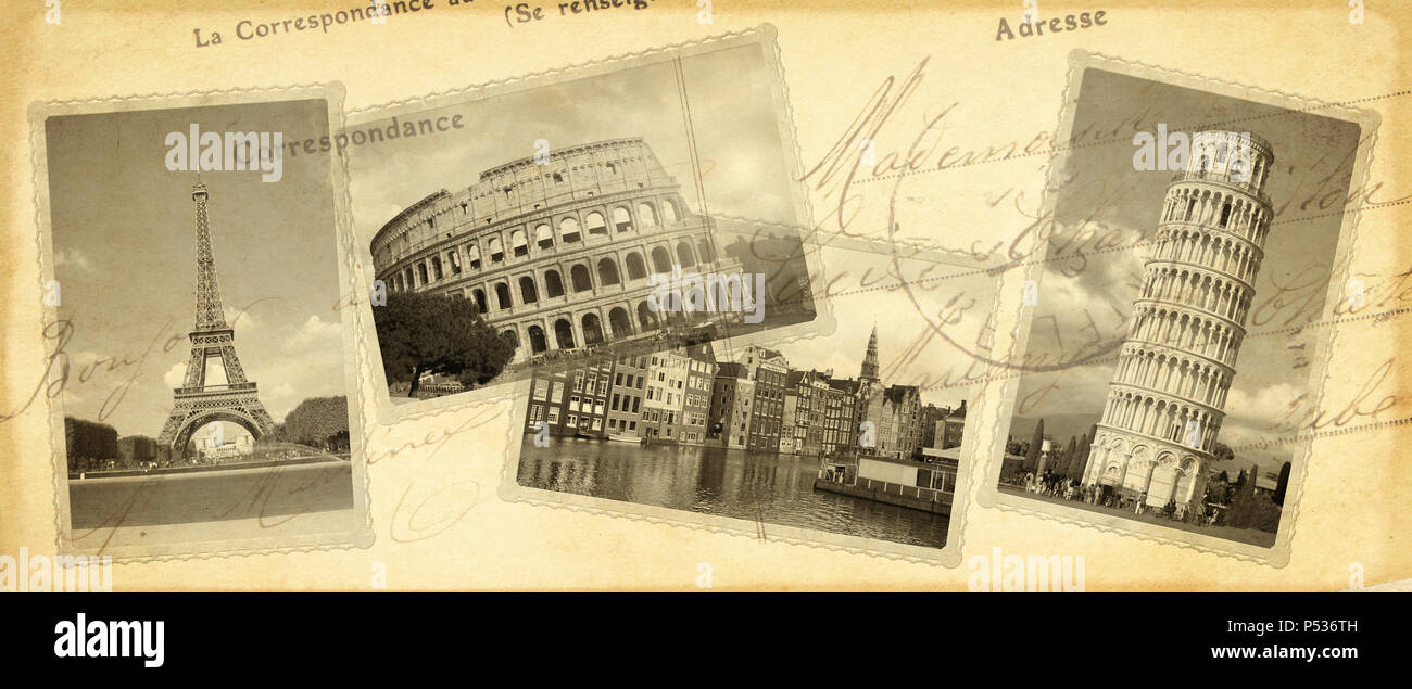 Vintage travel background with retro photos of european landmarks ...