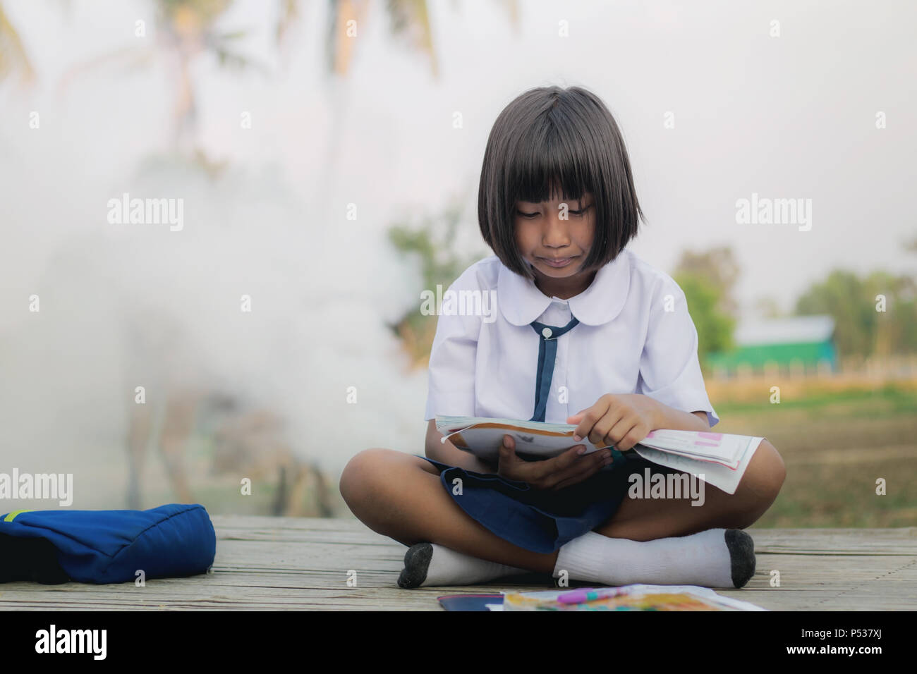Female student reading a book in rural Thailand Stock Photo - Alamy